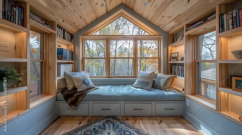 A built in window seat with bookshelves flanking either side, providing ...