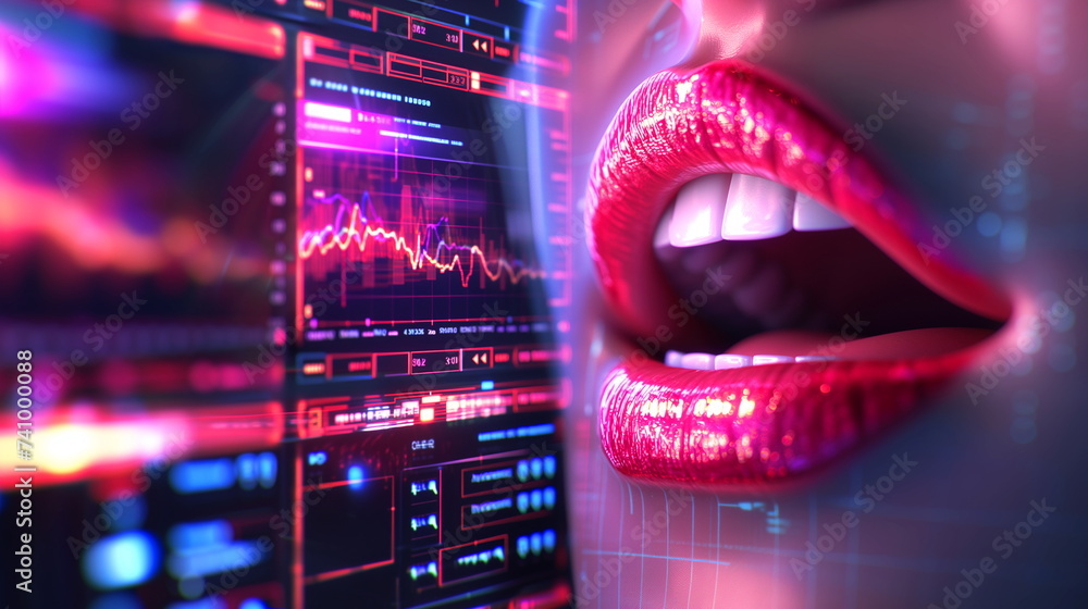 Extreme close-up of shimmering red lips with a background of financial ...