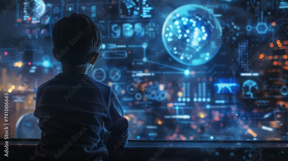 Boy Viewing Cybernetic Sphere - A young mind gazes upon a futuristic ...