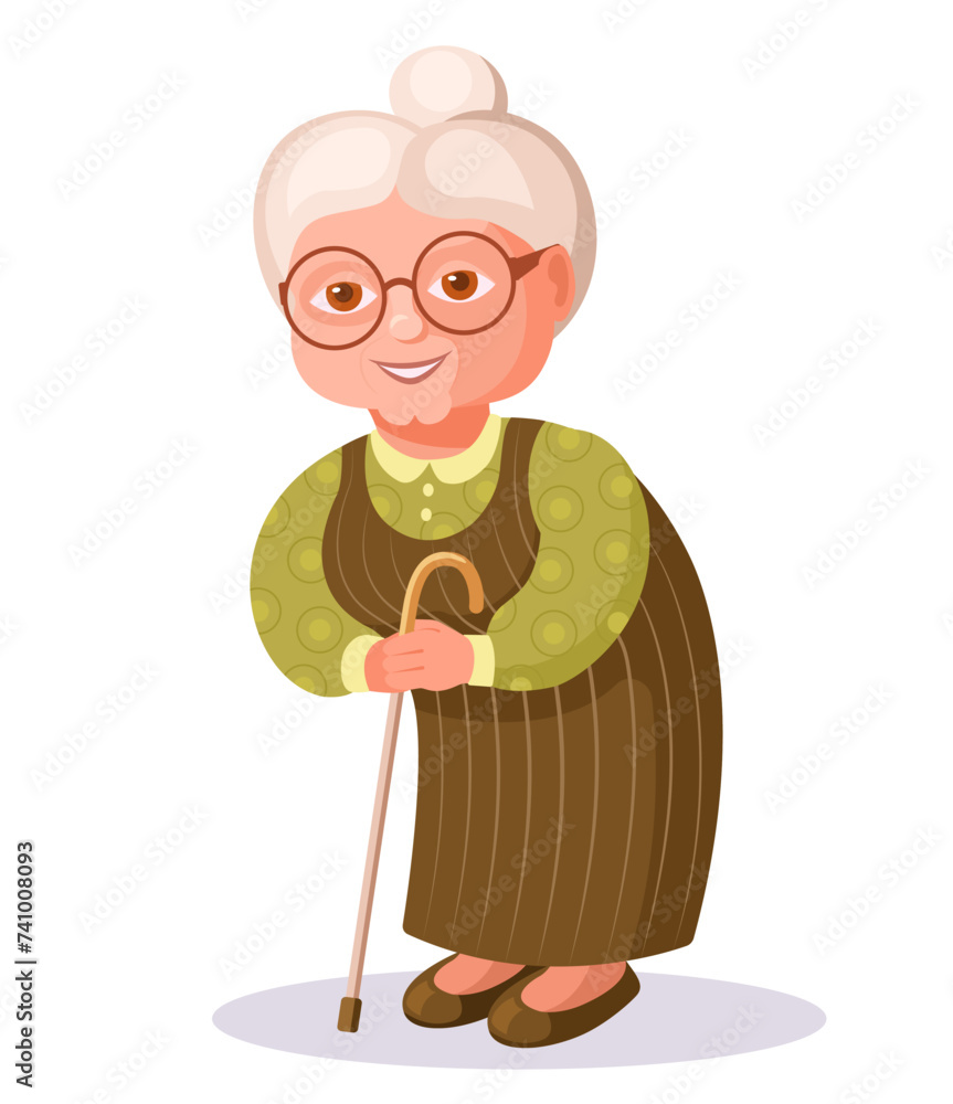 Smiling sweet old lady with gray hair, wearing big glasses and holding ...