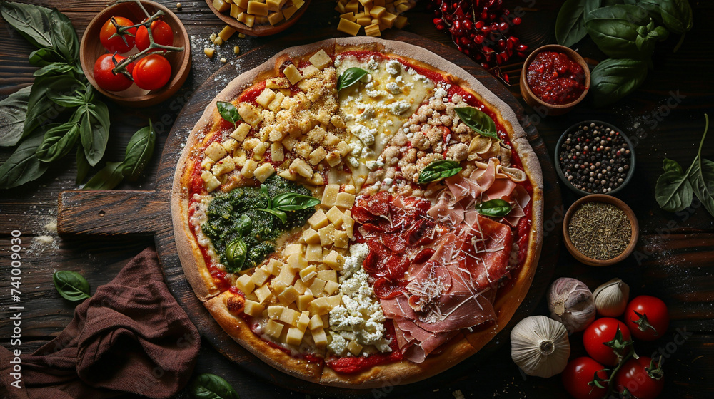 A birds eye view of a pizza with toppings arranged to create a detailed ...