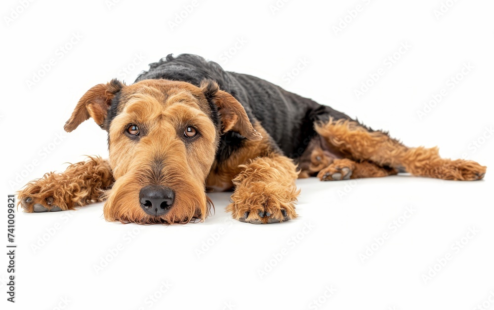 A serene Airedale Terrier lies down comfortably, its expressive eyes ...