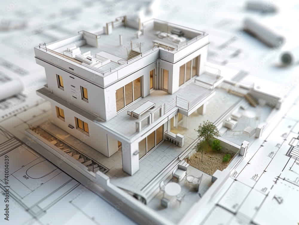 A detailed model of a modern house placed on architectural blueprints ...