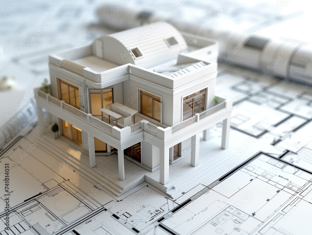 A detailed model of a modern house placed on architectural blueprints ...