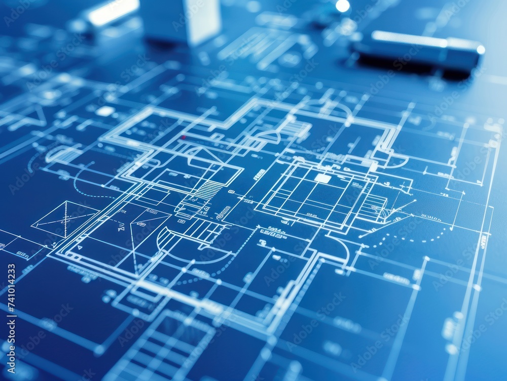 Detailed close-up of engineering blueprints and architectural plans ...