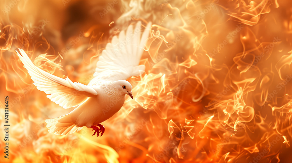 Holy Spirit dove flying with open wings in the middle of fire flames background Generative AI ...
