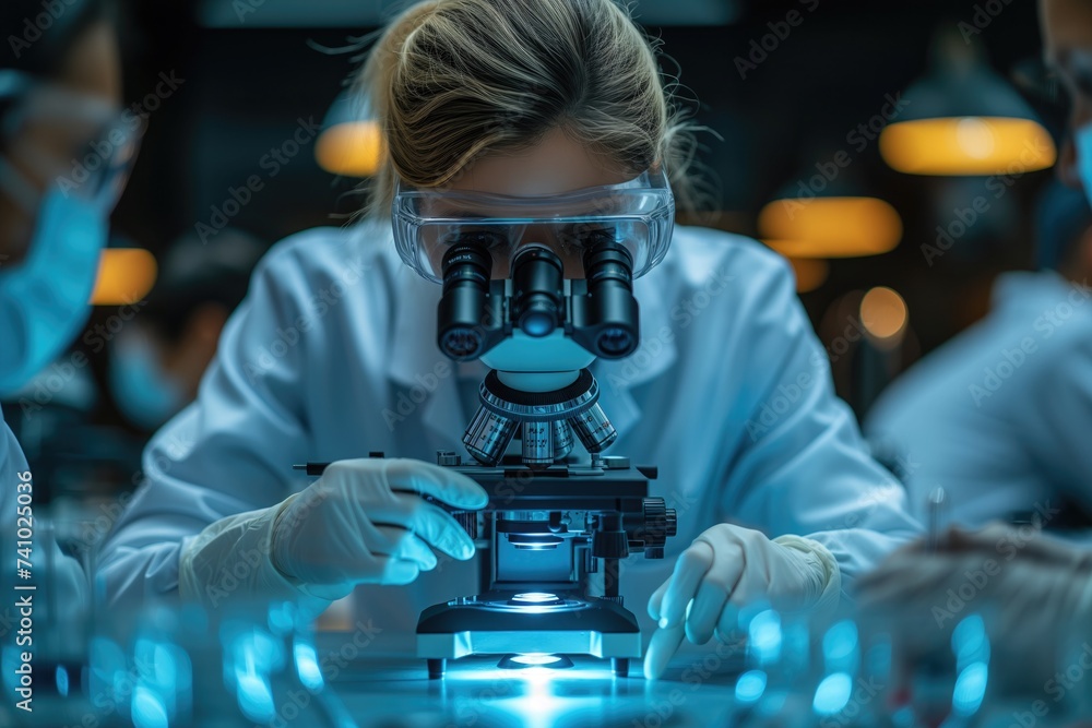 Microscopy Analysis. scientist huddle around a high-powered microscope ...