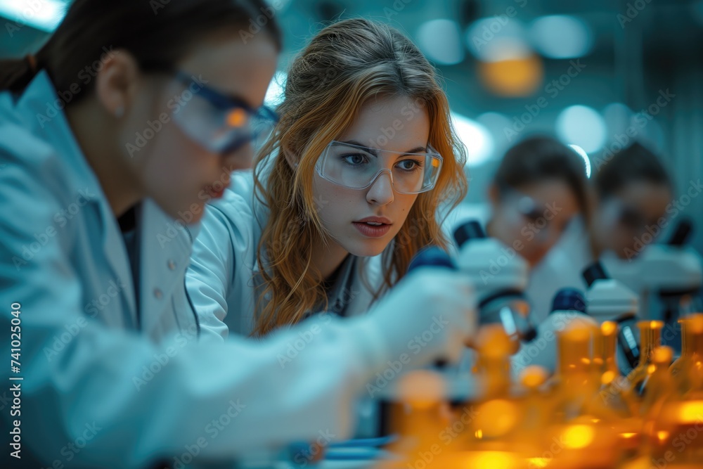 Microscopy Analysis. scientist huddle around a high-powered microscope, carefully examining ...