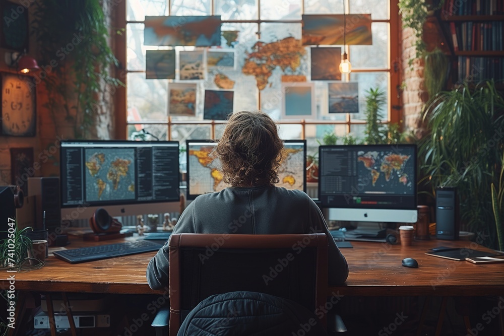 Multiple Screens.An employee sits at their desk surrounded by multiple ...