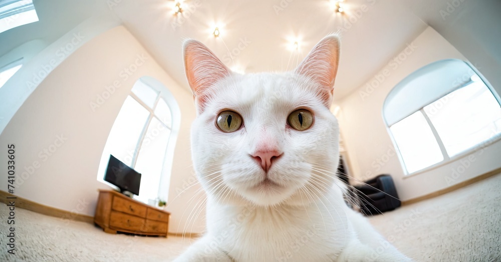 Wide angle photo with cat, who makin selfie on fisheye lens. Emotion ...