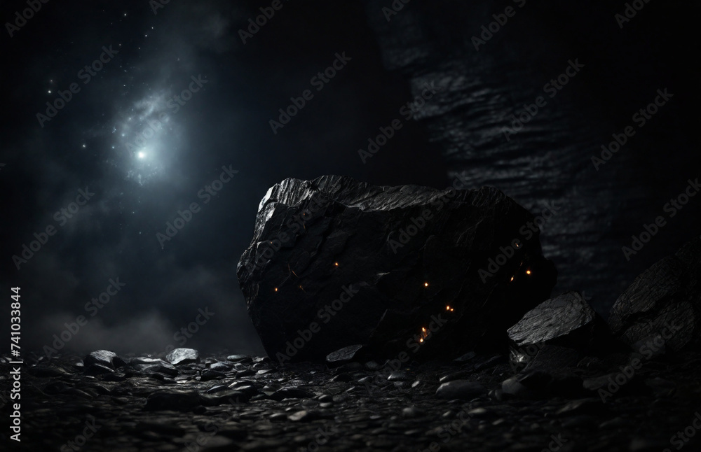High quality image, 8K, A view of the surface of a dark black stone ...