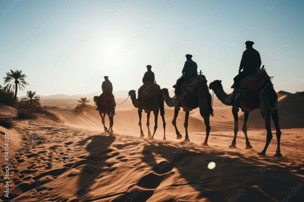 Silhouette people riding camels in desert native tuareg arabic african ...