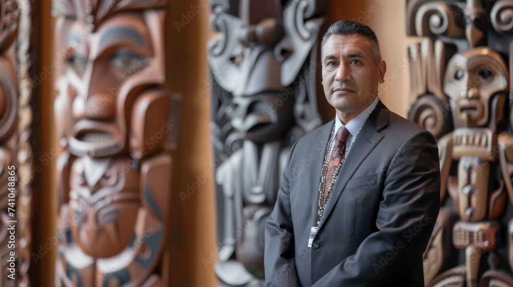 A stoic man in a perfectly tailored suit stands as a human statue, his ...