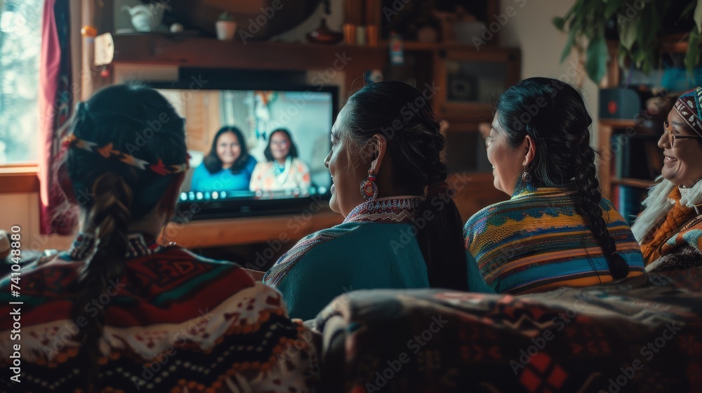 A diverse group of fashionable women huddled around a tv in a cozy ...