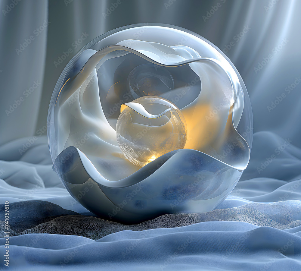 3d abstract art with surreal glass alien sculpture sphere or ball in ...