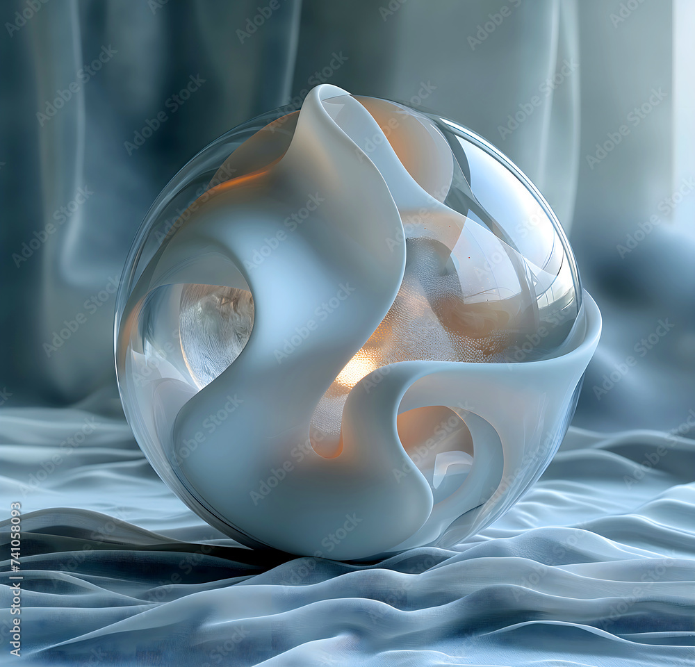 3d abstract art with surreal glass alien sculpture sphere or ball in ...