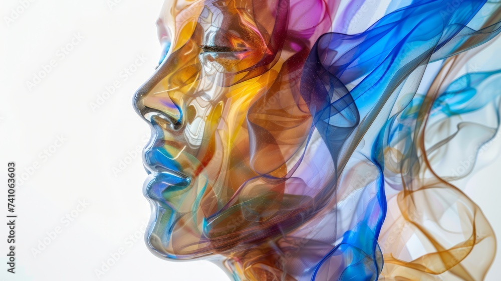 Layers of transparent colors converge to shape an abstract person ...