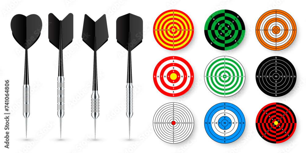 Paper targets with dart arrows and shadows. Shooting range round target ...