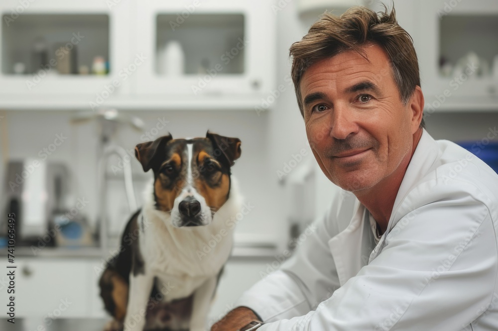 middle-aged man veterinarian in the office with a dog. treatment of ...