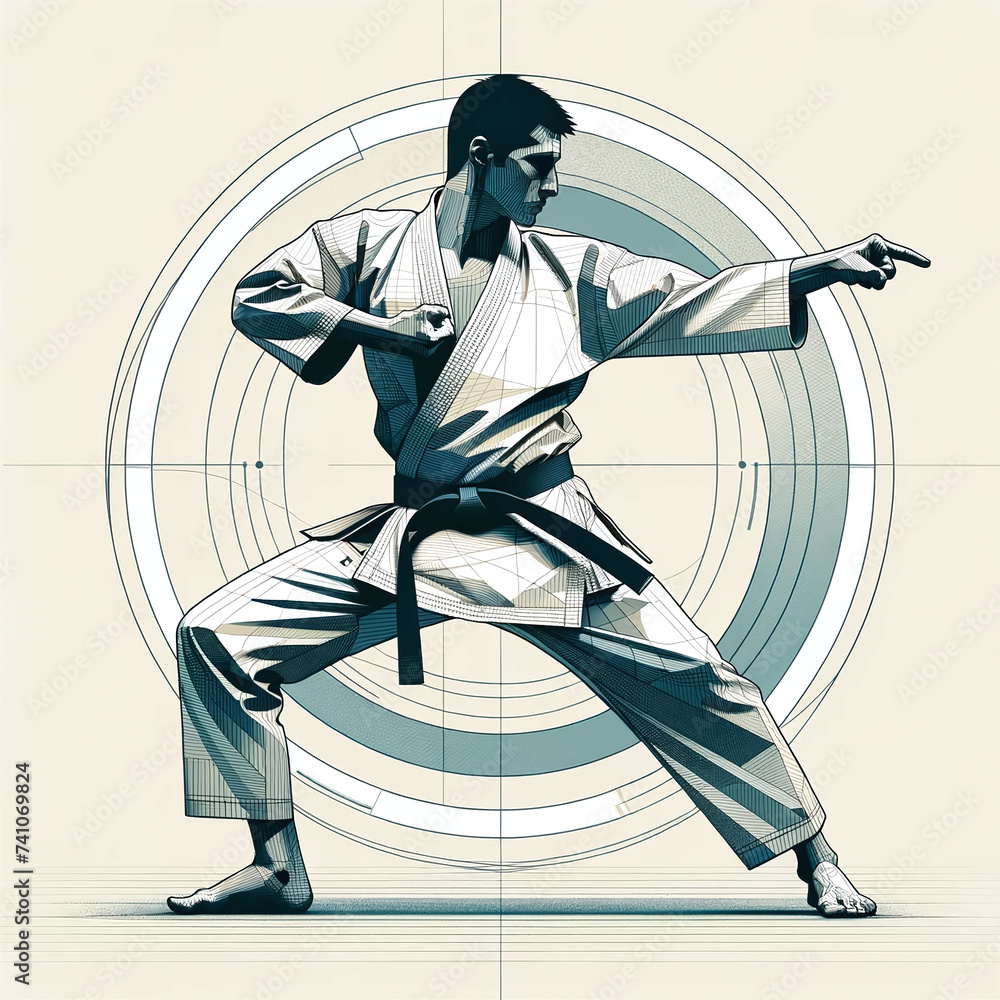 Abstract karate player in minimalist style, visualized with geometric ...