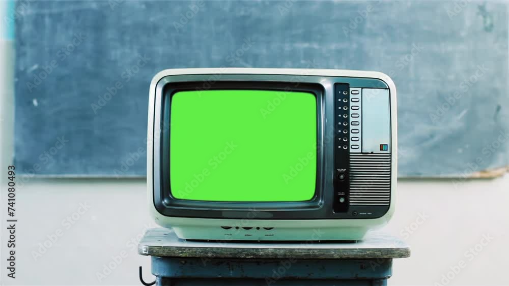 An Old TV Green Screen in School Classroom. Dolly Out. You can replace ...