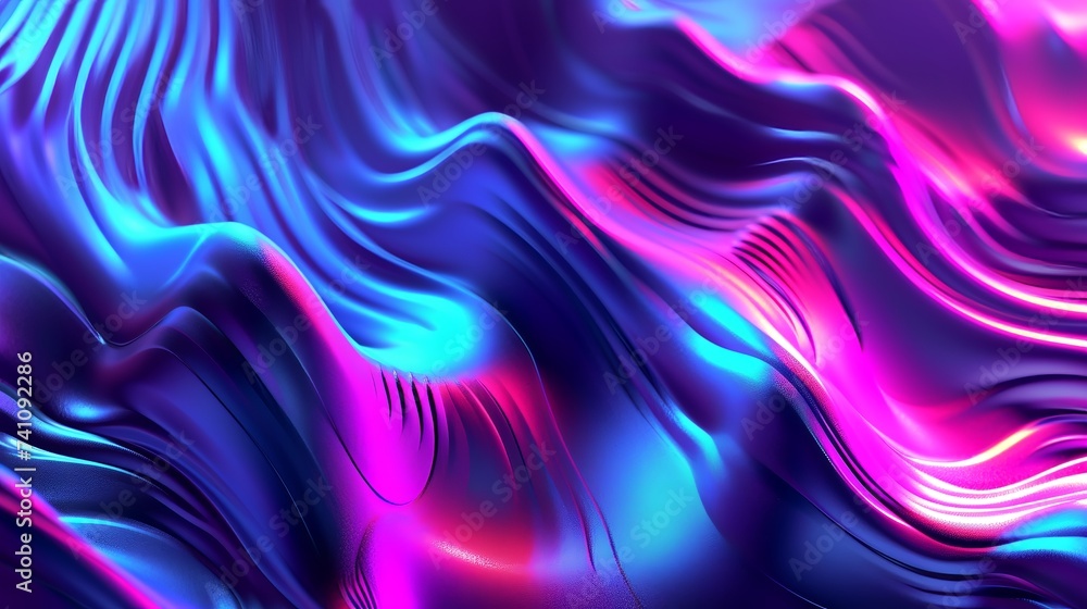 Lively neon 3D-shaped fluid waves on a gradient backdrop. Futuristic ...