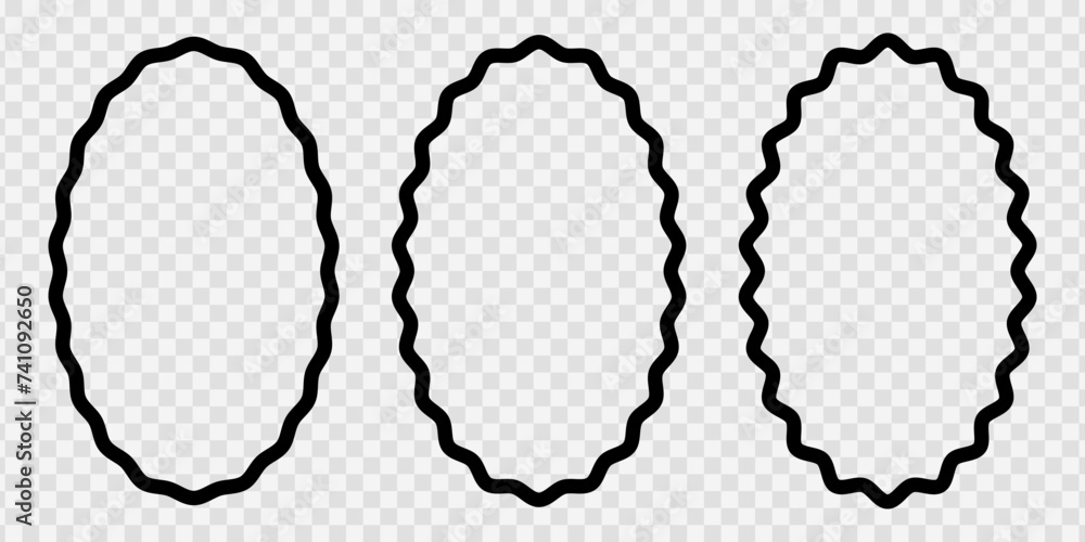 Set of oval photo or picture frames with wiggly borders. Vignette ...