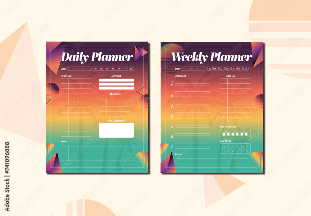 Sunset Gradient Tropical Illustrated Daily Weekly Planners Template Stock Template | Adobe Stock