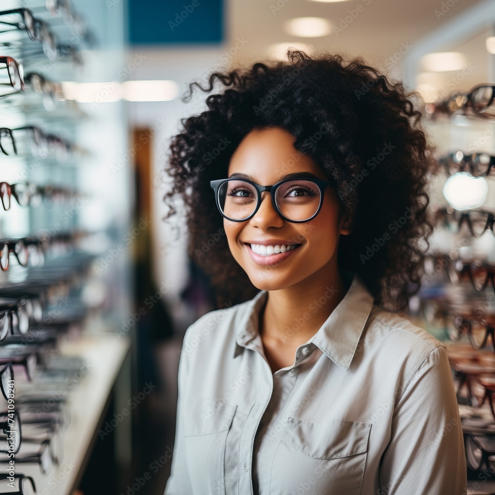 African-American woman is seen in an optical store trying on eyeglasses ...