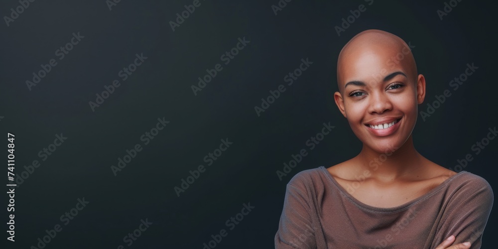 Young, confident bald black woman is smiling. Oncology, cancer woman ...