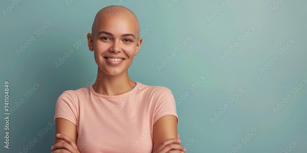 Young, confident bald woman is smiling. Oncology, cancer woman. Pretty ...
