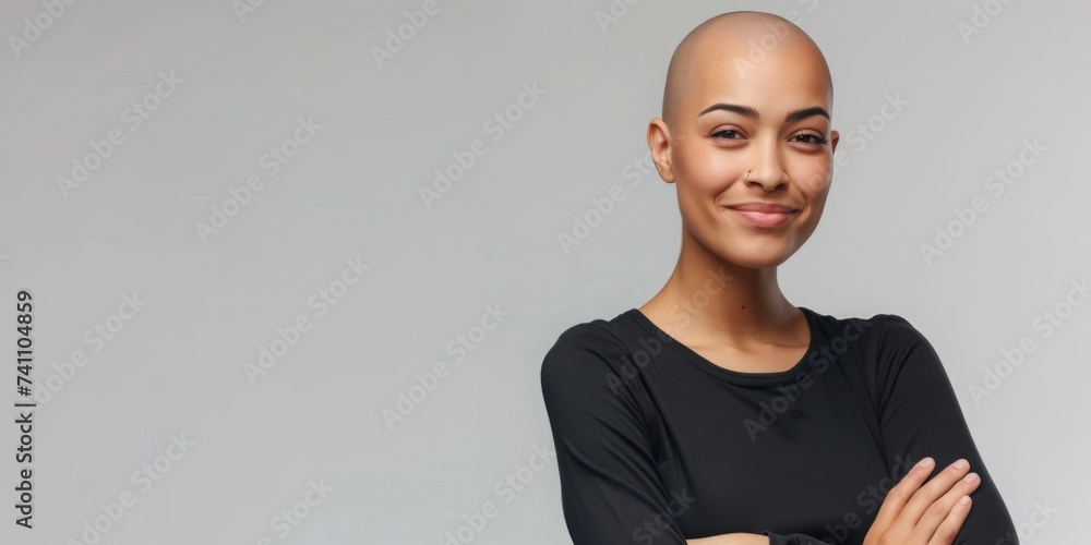Young, confident bald black woman is smiling. Oncology, cancer woman ...