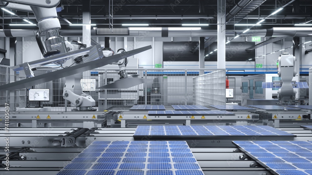 Solar panels moved on conveyor belts during production process in clean ...