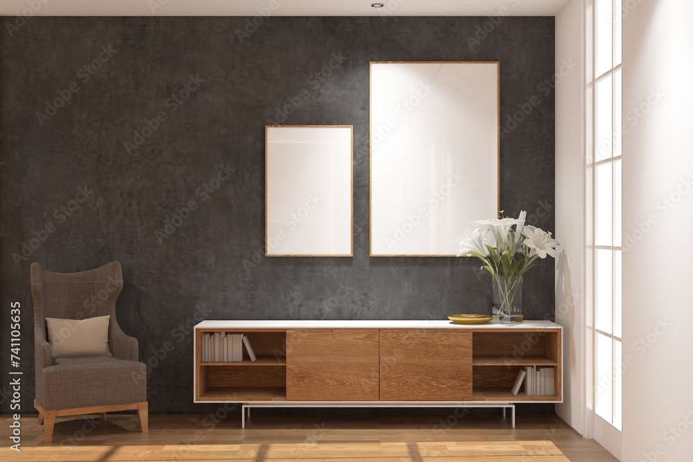 Scandinavian of interior library with frame mock up on the wall. Design ...