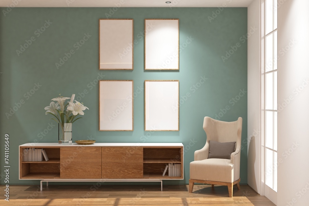 Scandinavian of interior library with frame mock up on the wall. Design ...