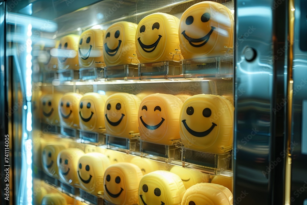 A collection of yellow smiley face emojis placed neatly on a shelf ...
