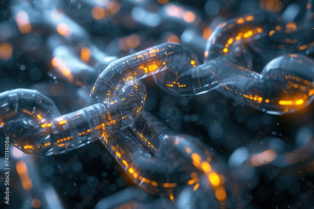 Blockchain concept and network With moving orange light. Dark chain ...