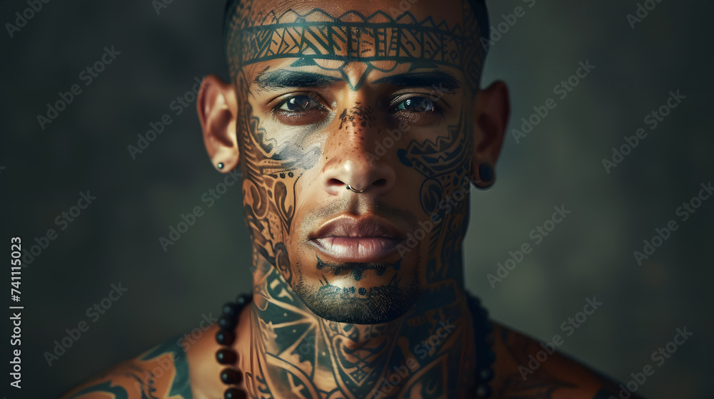 A powerful portrait of a person with piercing eyes and a face covered ...