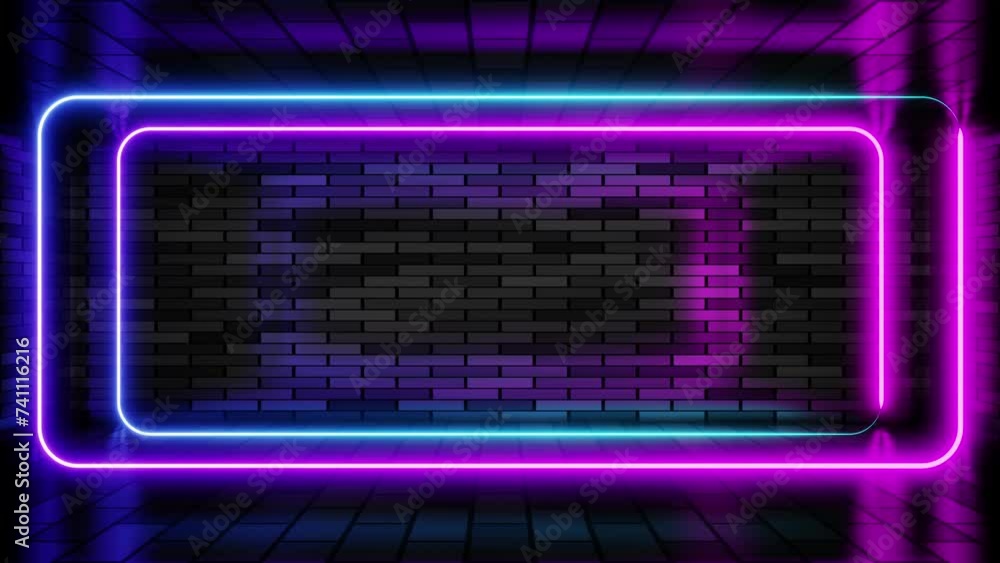 Double neon frame purple and cyan lights motion loops square on brick ...
