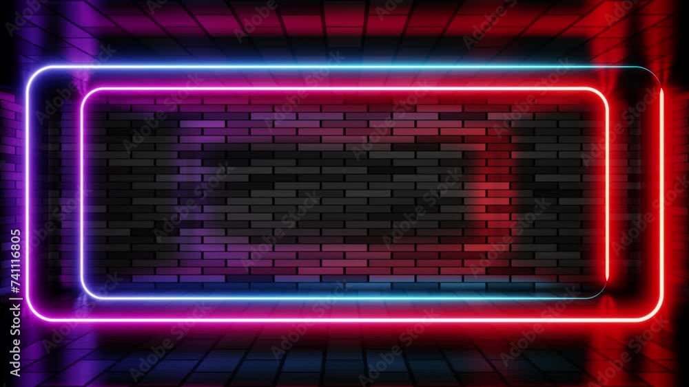 Double neon frame red and blue lights motion loops square on brick wall ...