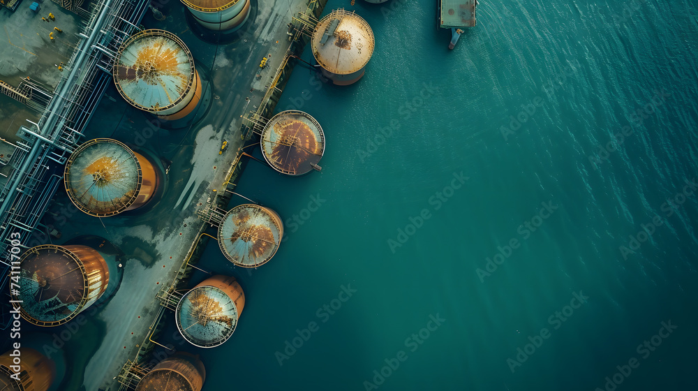 Aerial view of a seaside Industrial Oil Storage Facility and oil ...