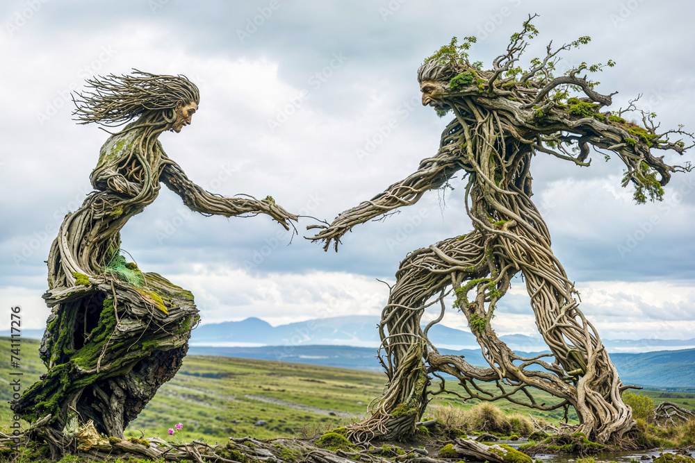 Ask and Embla, the first humans in Norse mythology, emerging from ...