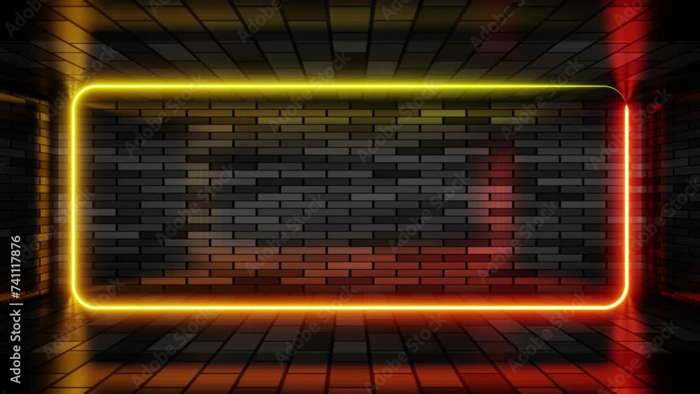 Neon frame red and yellow lights motion loops square on brick wall ...