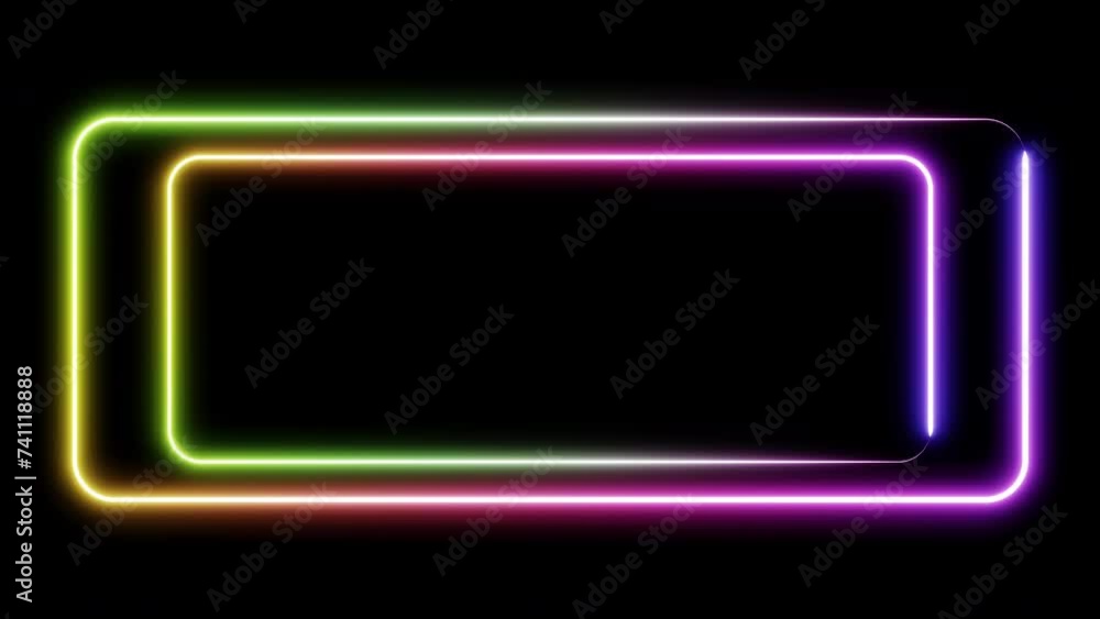 Double neon frame colorful lights motion loops square on black ...