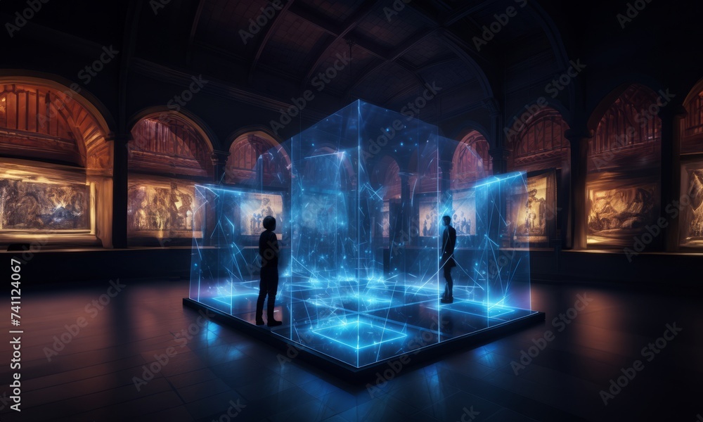 In a futuristic museum, holograms vividly depict the history of the ...