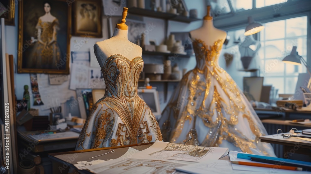 Fashion designer studio a personal computer working clothes hanging ...