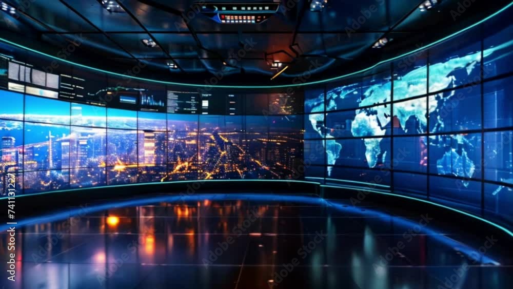 futuristic digital world map on large screen on corporate media video ...