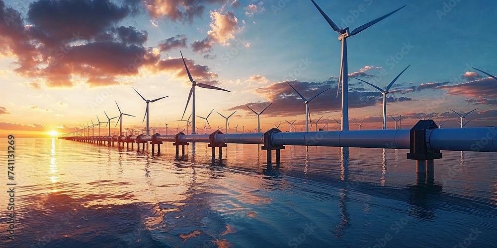 Poster An offshore wind farm standing in the sea with hydrogen pipeline ...