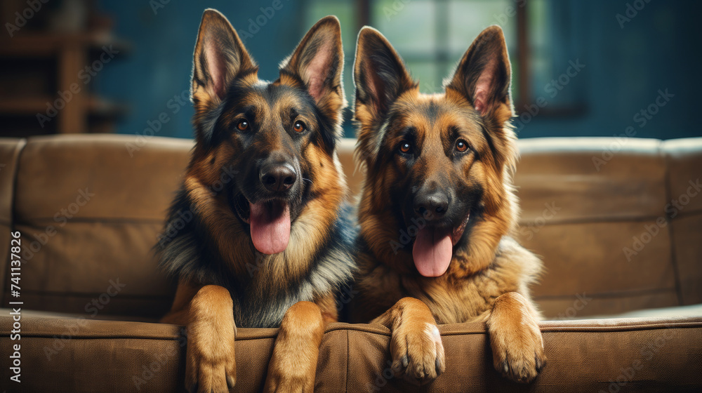 Two identical german shepherds on couch, sticking out tongues, making ...