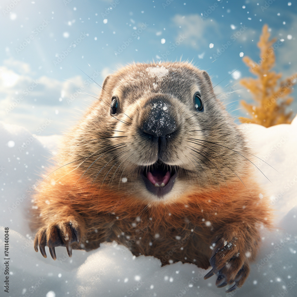 An illustration of a cute charismatic groundhog in the snow. Image made ...